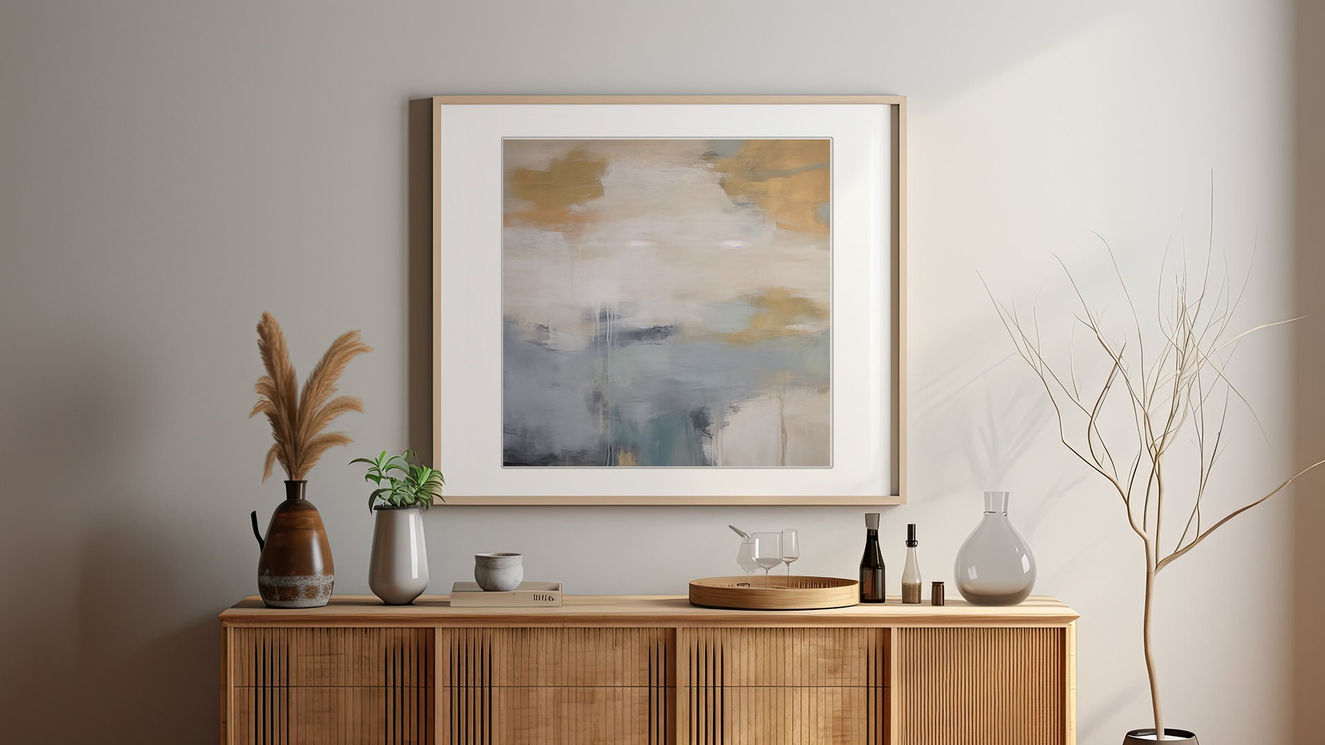 Original Large Square Abstract Painting, White Blue Contemporary Art ...