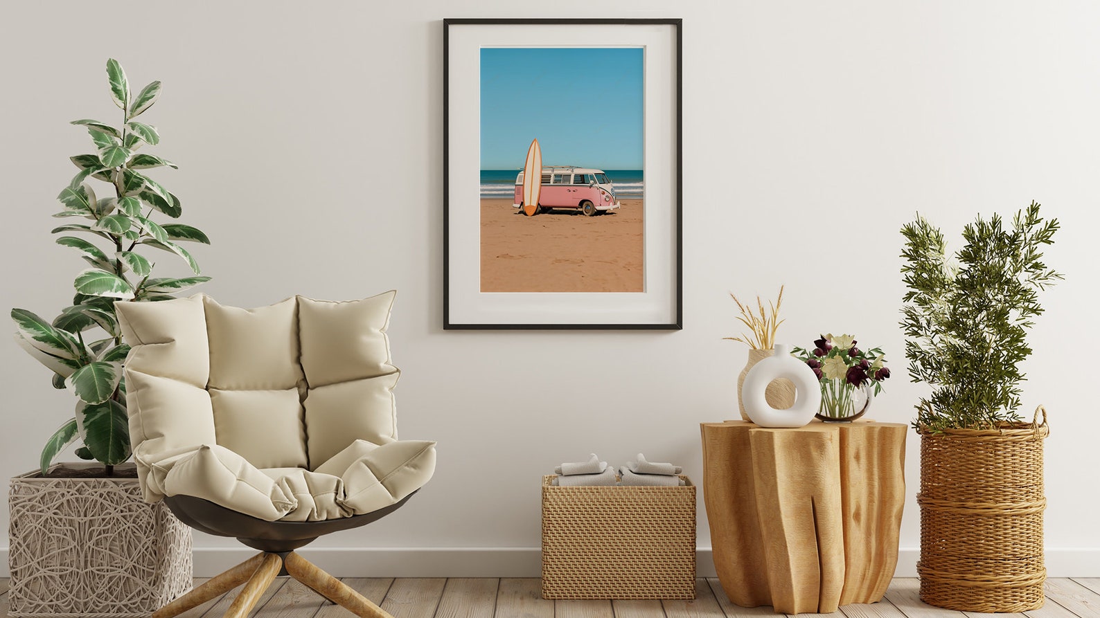 Retro Surf Van Art Print, Surf Print, Vintage Pink Volkswagen Bus on ...