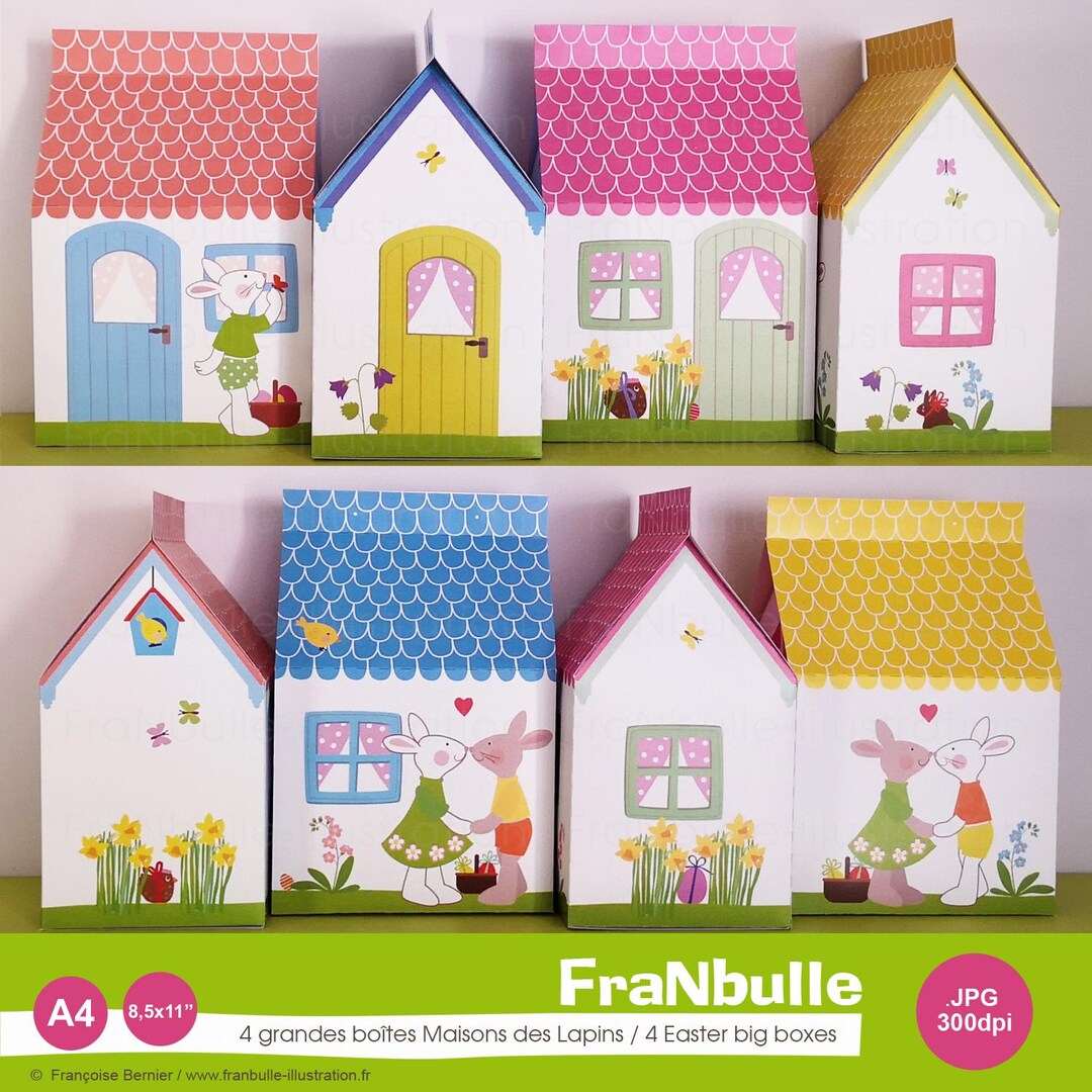 Printable Easter Gift Boxes to Create a Paper Wrapping in the Shape of a House With Easter Bunny ...