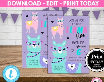 Llama Birthday Invitation Edit on Your Own Templett | Etsy