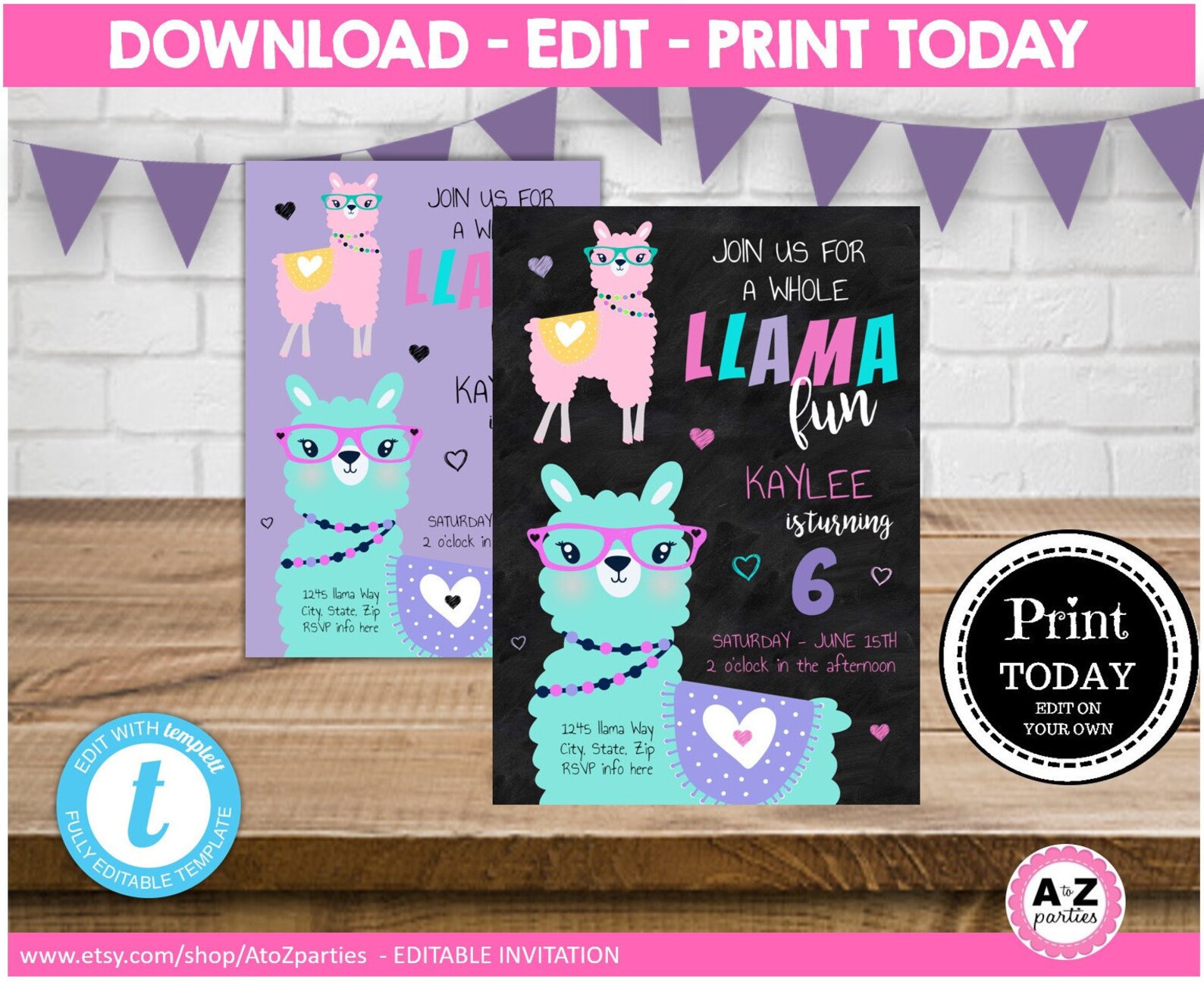 Llama Birthday Invitation Edit on your own Templett | Etsy