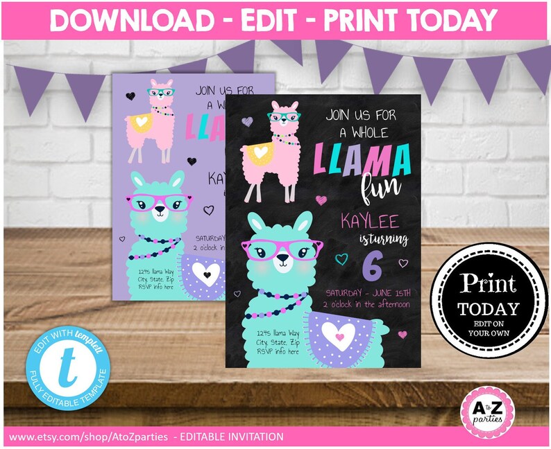 Llama Birthday Invitation Edit on Your Own Templett - Etsy