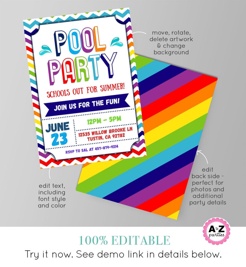 Pool Party Invitation Rainbow Schools Out for Summer Party - Etsy