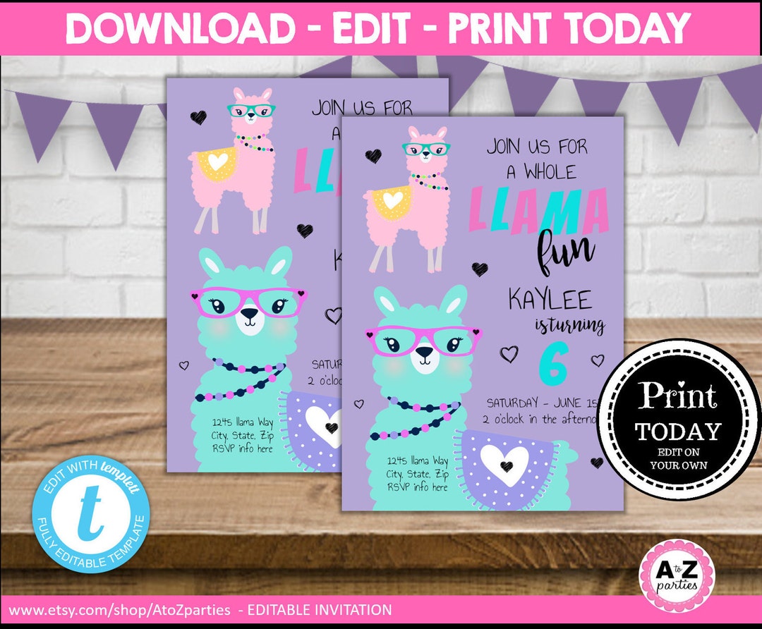 Llama Birthday Invitation Edit on Your Own Templett - Etsy