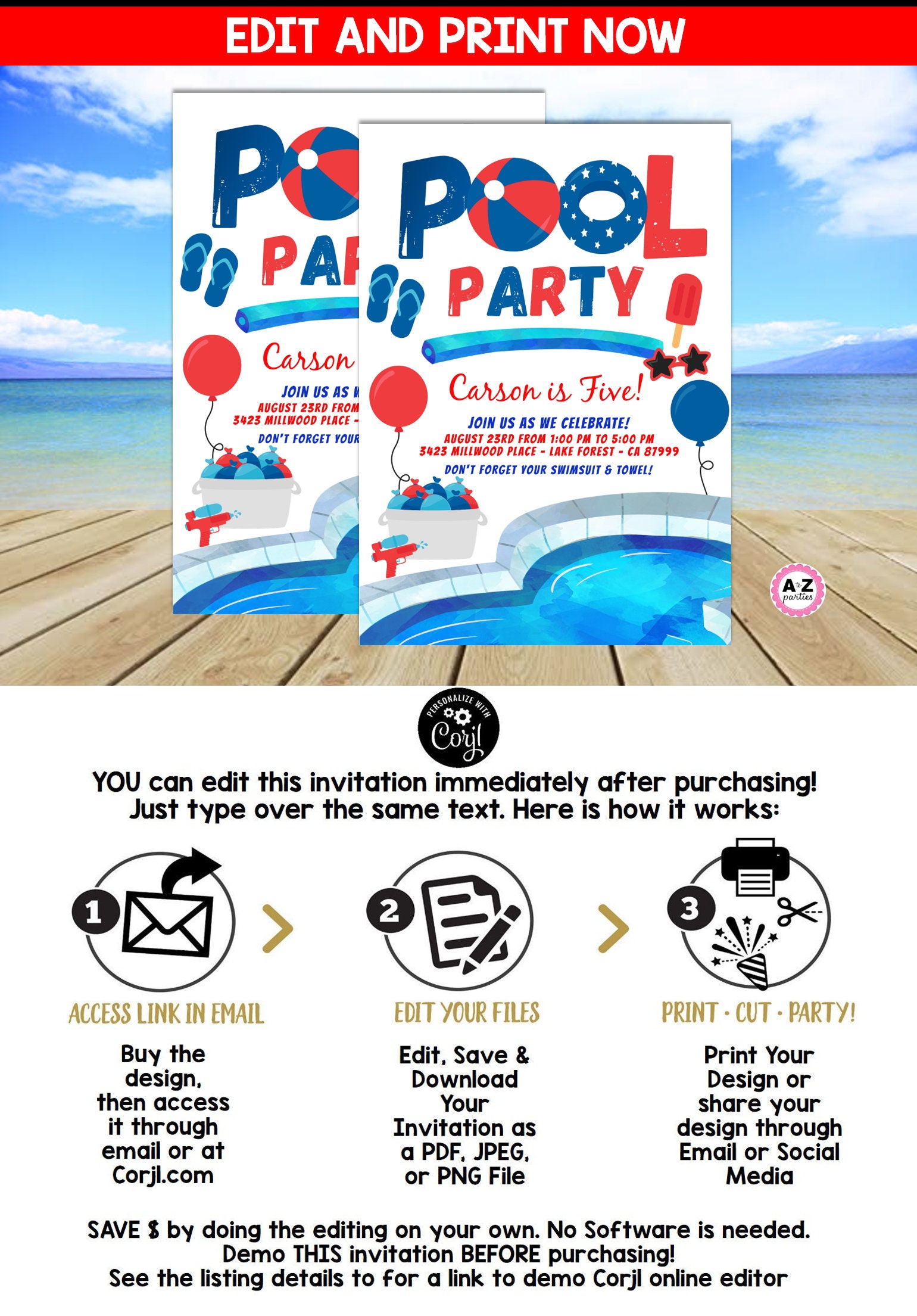 Pool Party Invitation Pool Party Birthday Editable Text | Etsy