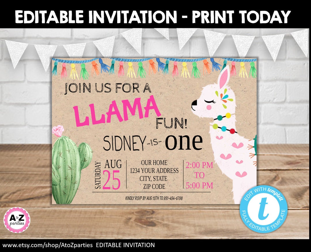 Llama Birthday Invitation Edit on Your Own Templett - Etsy