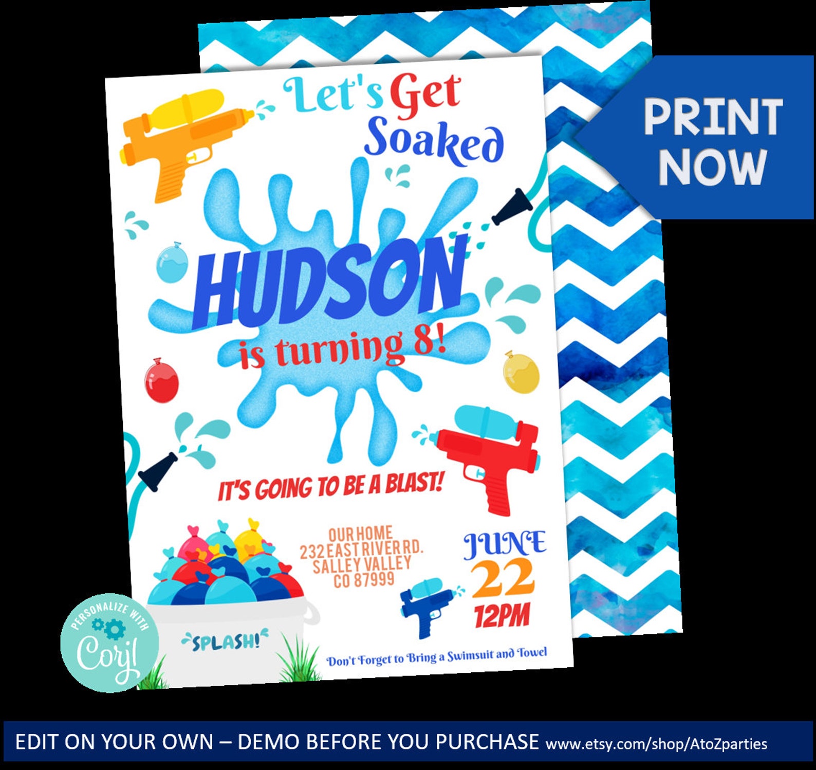 Water Gun Invitation Pool Party Water Balloon Water Gun - Etsy