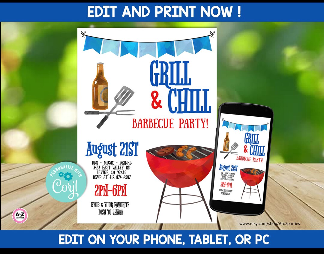 BBQ Invitation, Grill and Chill, Barbecue, Party, Editable Invitation ...