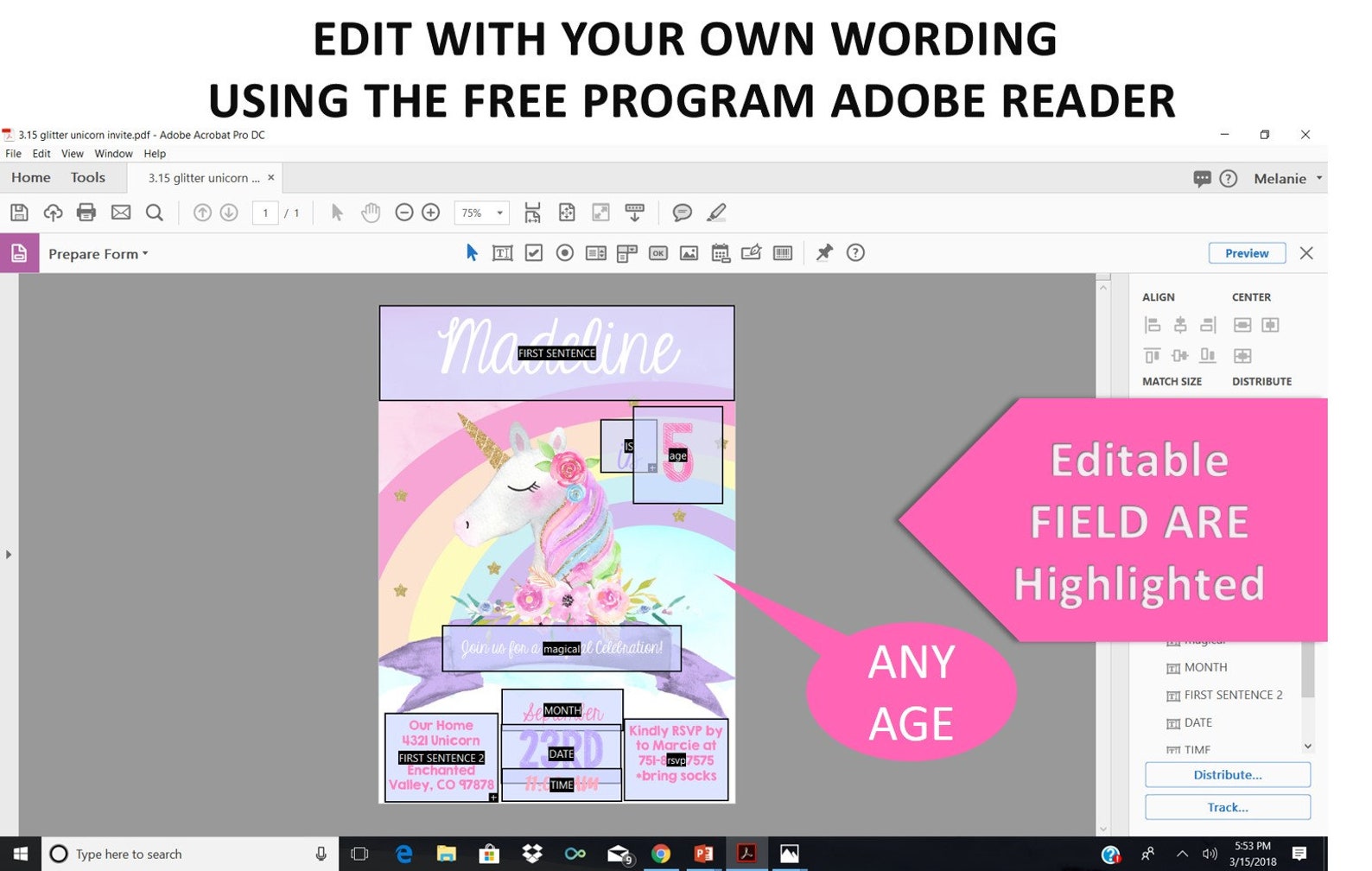 UNICORN EDITABLE Party Invitation Glitter Unicorn Party - Etsy