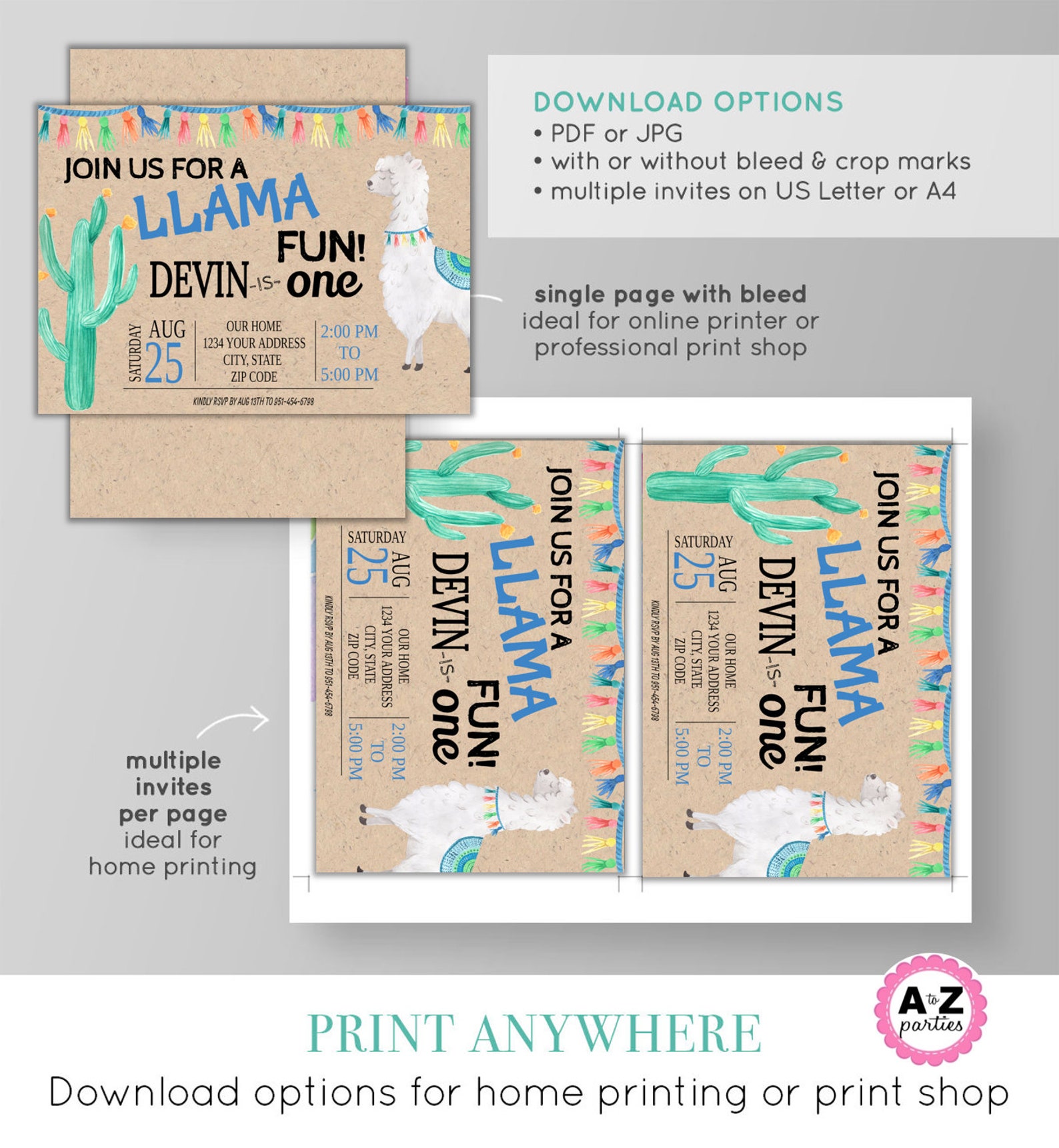 Llama Birthday Invitation Edit on Your Own Templett | Etsy