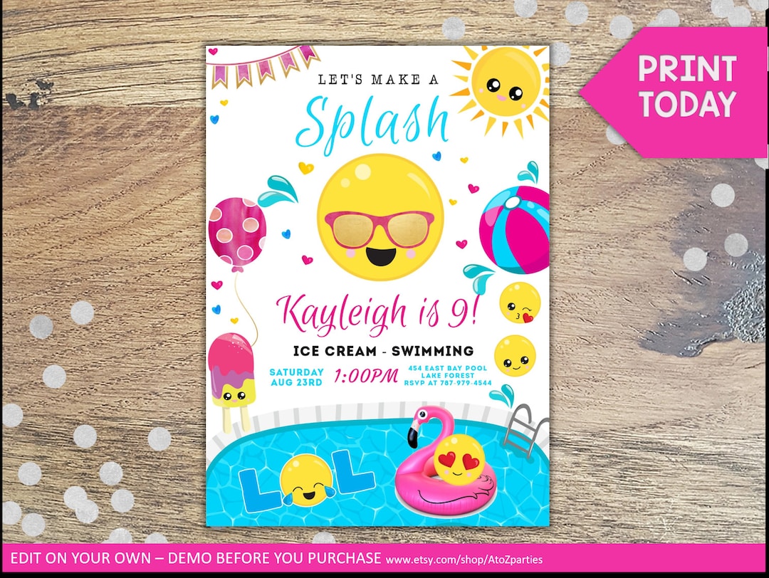 Emoji Invitation, Emoji Pool Party Birthday Party Invite Pool Party ...