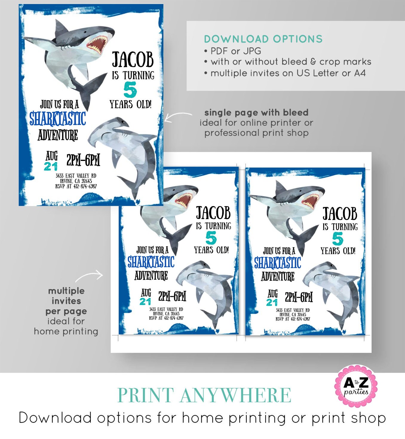 Shark Invitation Shark Attack Sharktastic Shark Birthday | Etsy