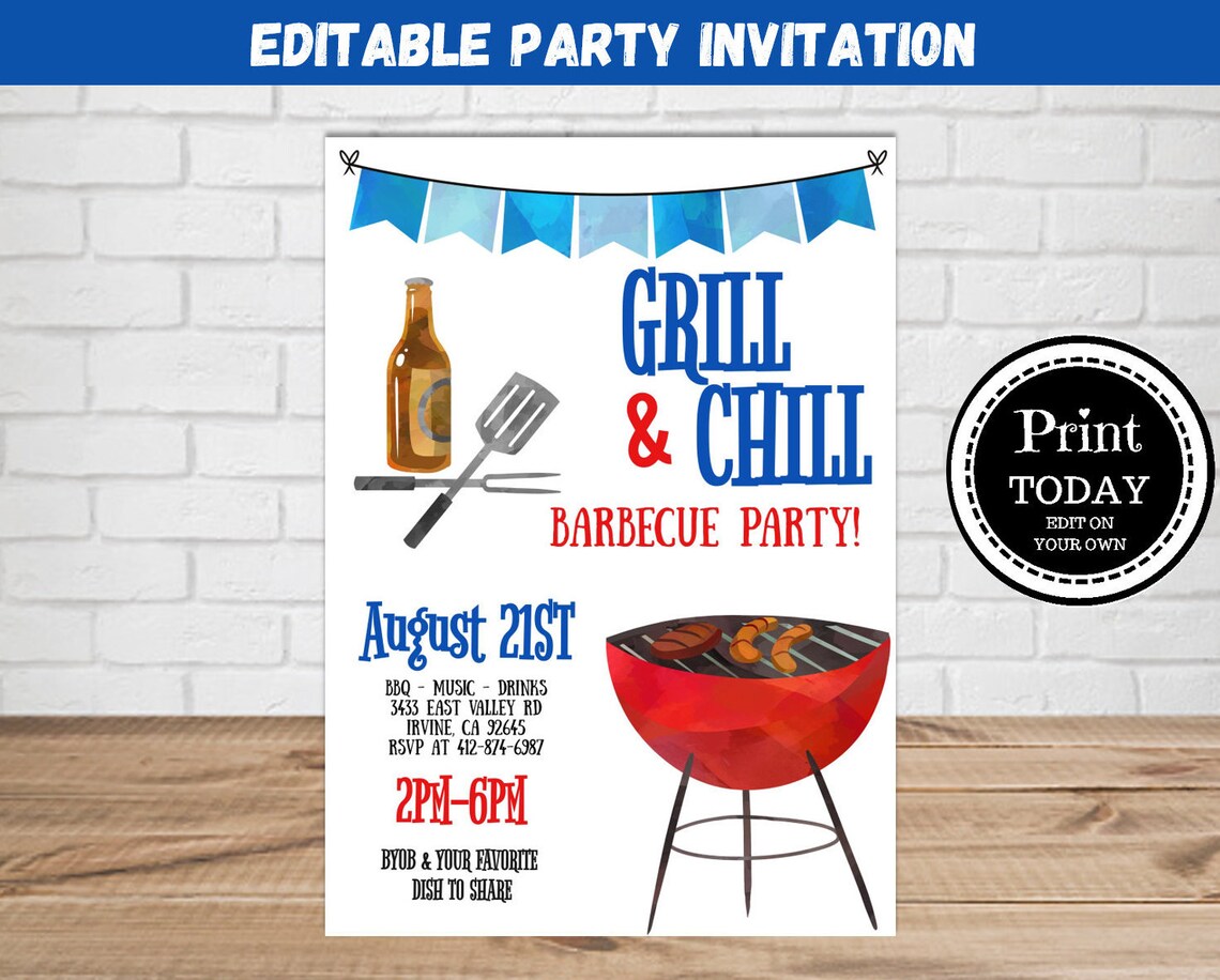 BBQ Invitation Grill and Chill Barbecue Party Editable | Etsy