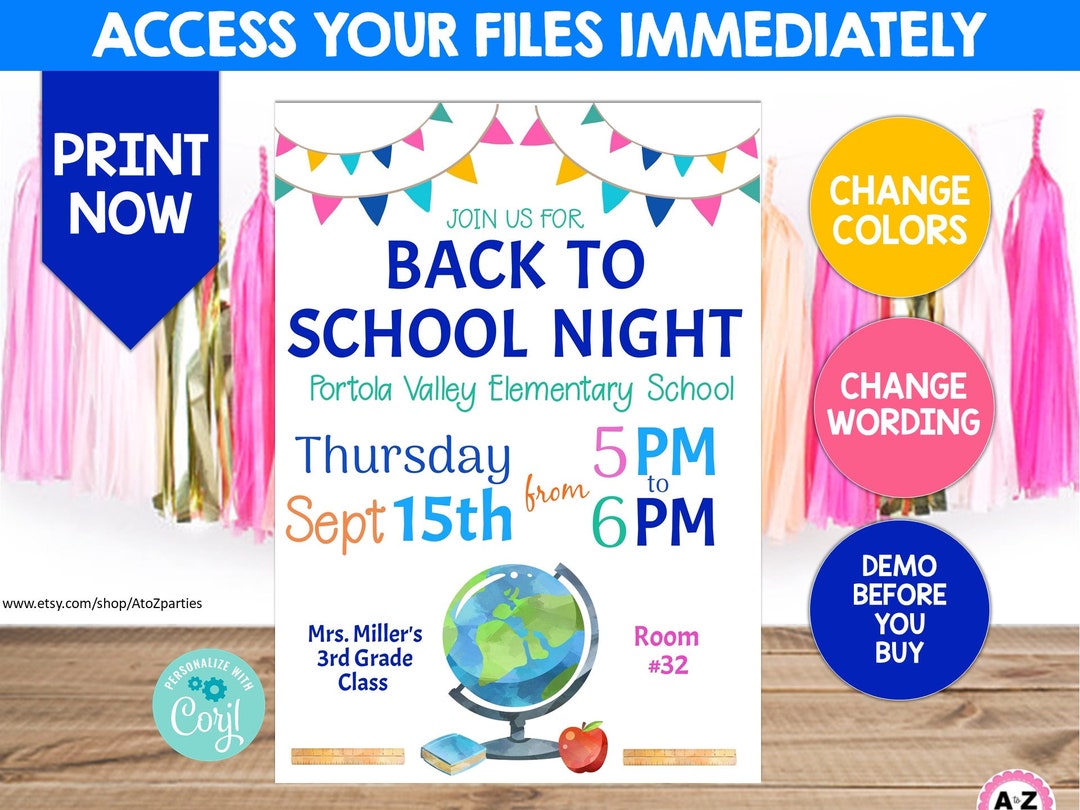 Back to School Night Invitation, Poster and Flyer, Editable for Each ...