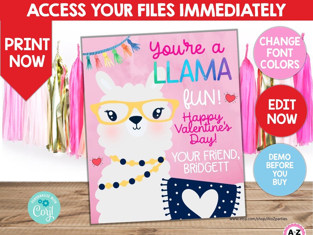 You're a Llama Fun Valentine's Day Card, School Valentine, Valentine ...