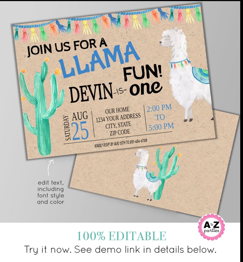 Llama Birthday Invitation Edit on Your Own Templett - Etsy