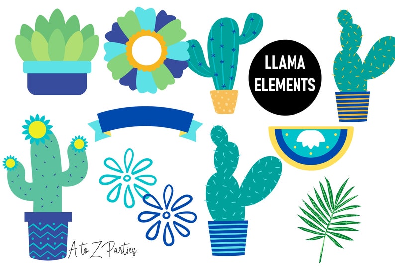 Llama Clip Art Set Watercolor Blue and Green Cactus Banner - Etsy