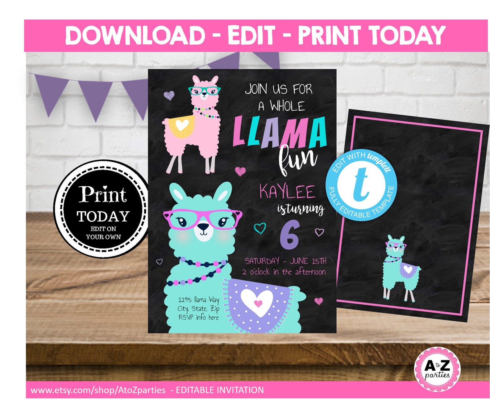 Llama Birthday Invitation Edit on your own Templett | Etsy