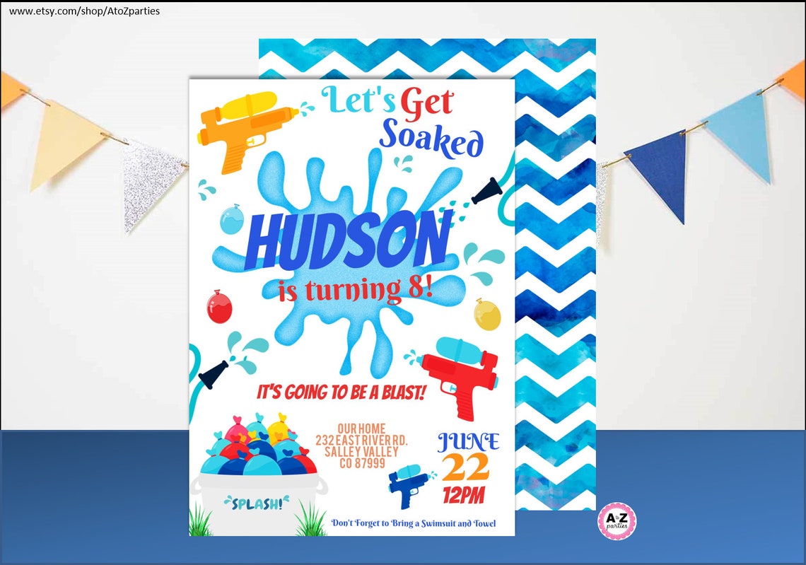 Water Gun Invitation Pool Party Water Balloon Water Gun - Etsy