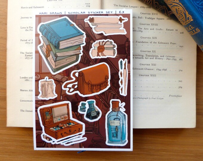 Scholar Sticker Set Sheet of 9 Stickers With Illustrated - Etsy