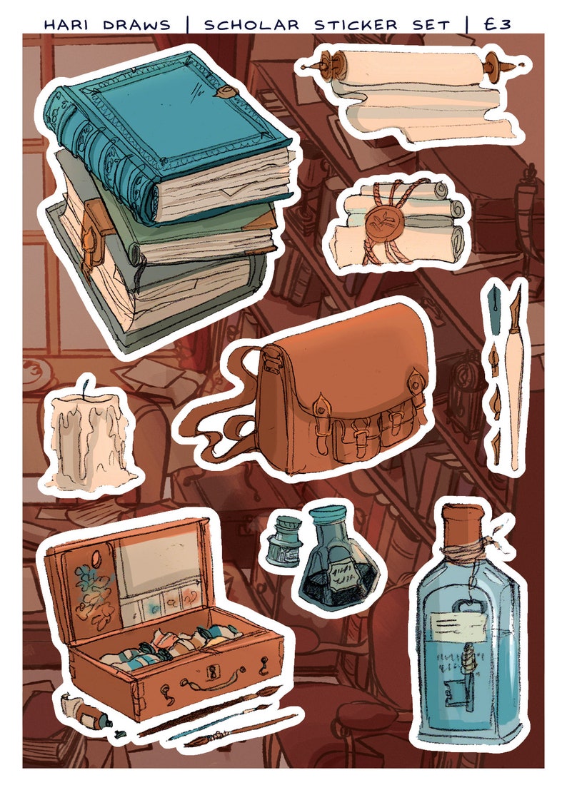 Scholar sticker set sheet of 9 stickers with illustrated | Etsy
