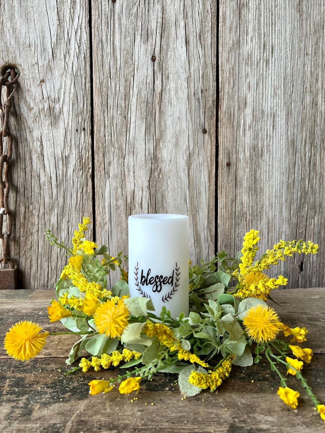 Spring Candle Wreath With Yellow Flowers and Poms - Etsy