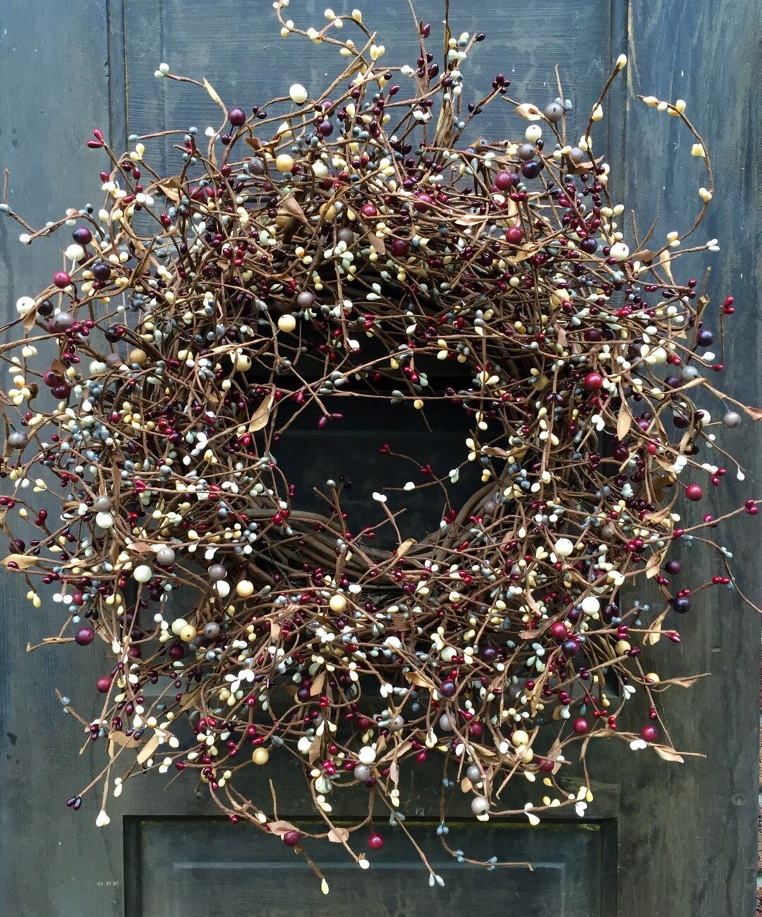 Slate Blue and Plum Pip Berry Wreath, Primitive Wreath, Rustic Wreath ...
