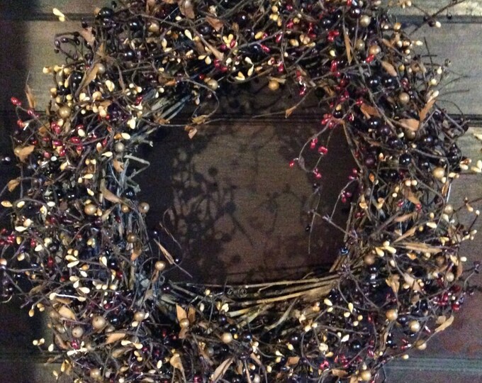 Burgundy, Tan and Plum Pip Berry Wreath With Brown Leaves, Primitive ...