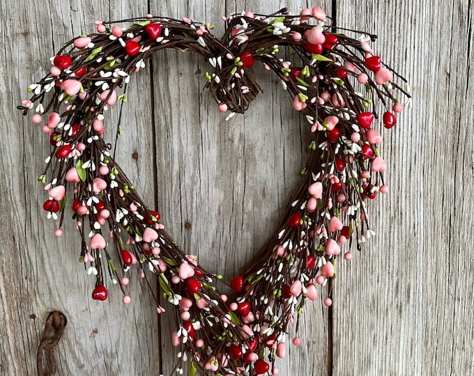 Heart Shape Twig Wreath With Pink and Red Berries and Hearts ...