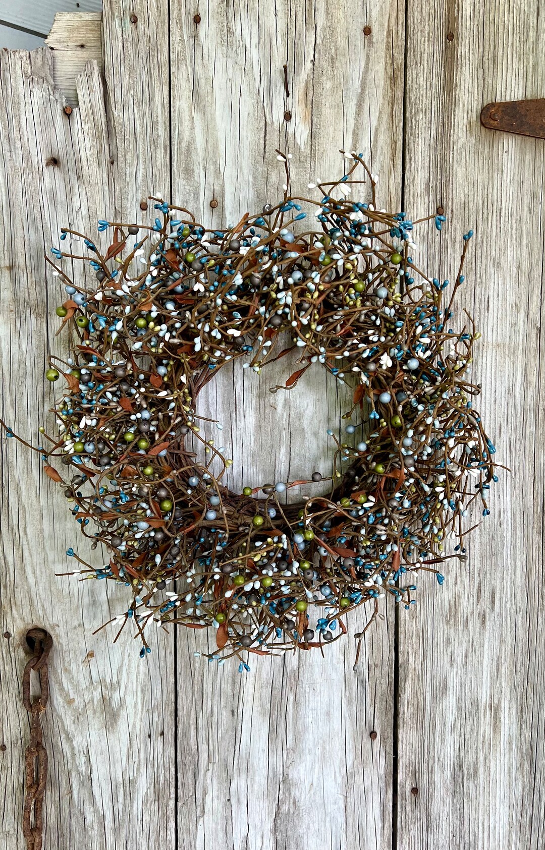 Green, Gray, Cream, Tan and Mixed Blue Berry Wreath, Front Door Wreath ...