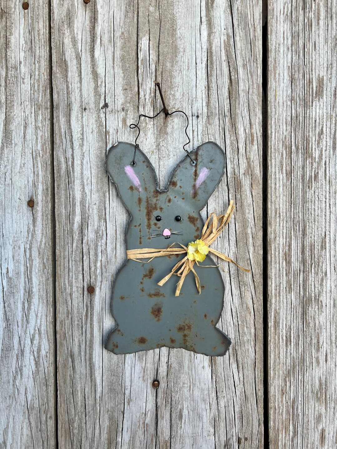Rustic Hanging Easter Bunny With Raffia and Flower Bow, Easter Decor ...