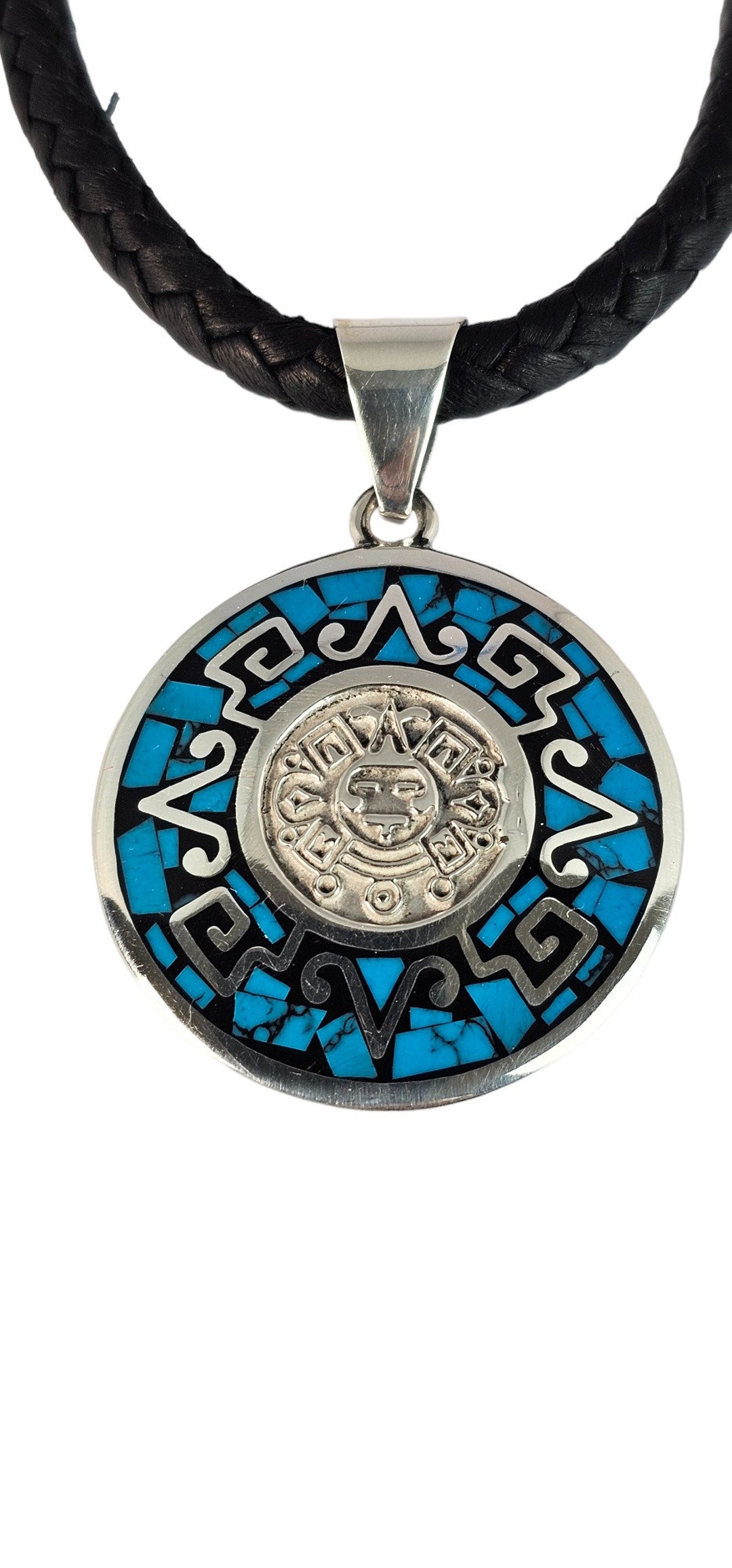 925 Sterling Silver Mayan Calendar Pendant With Turquoise Mosaic