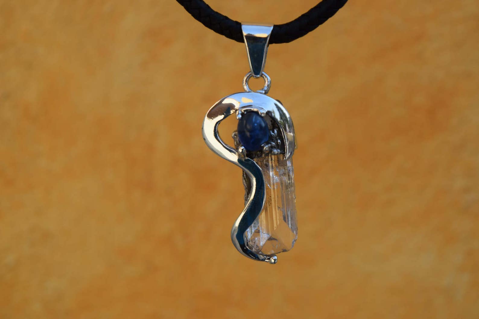 Natural Quartz Set in .925 Sterling Silver Pendant Adorned With Blue ...