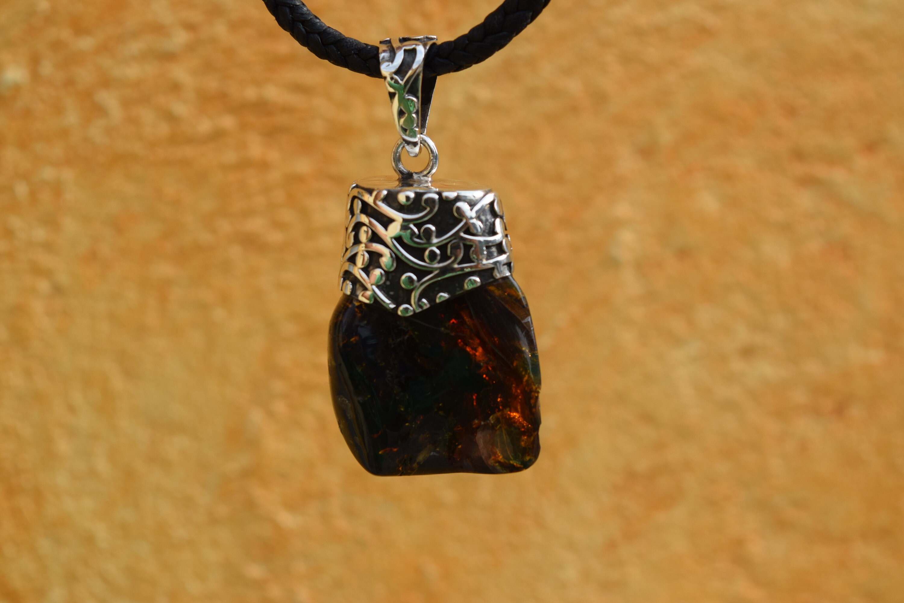 Natural red green Amber Pendant set in .925 Sterling Silver | Etsy