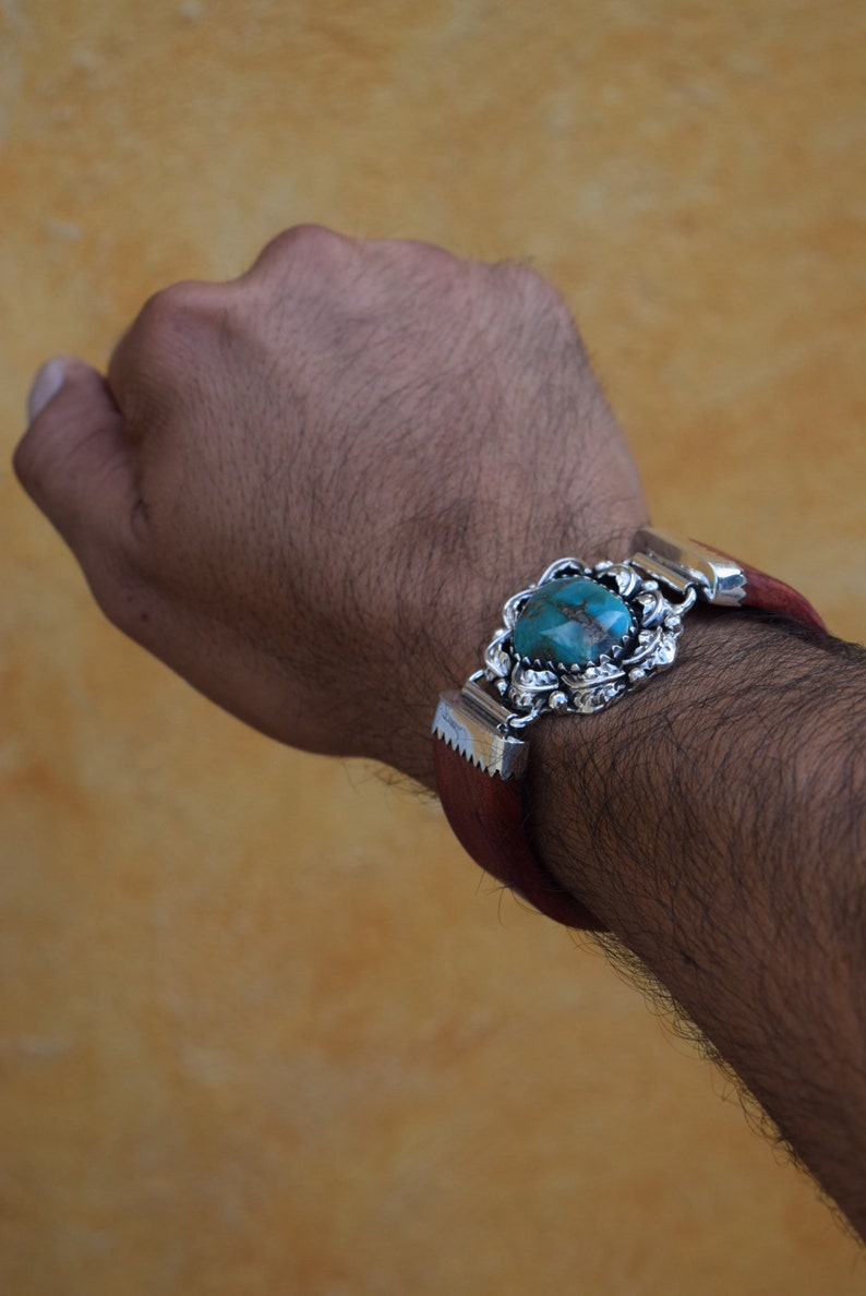 Fine Caribbean Wooden Bracelet With Big Arizona Turquoise Set in .925 ...