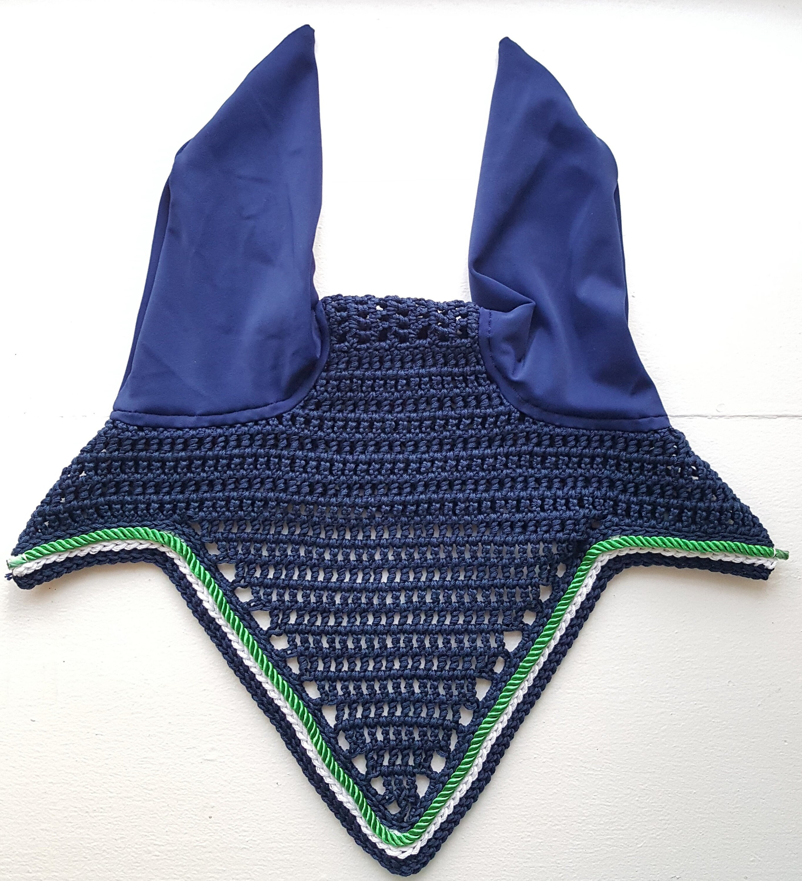 Navy Blue Horse Fly Bonnet with Kelly Green and White Trim