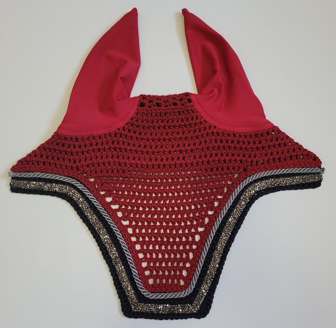 Burgundy Horse Fly Bonnet / Fly Veil / Horse Ear Bonnet With Charcoal ...