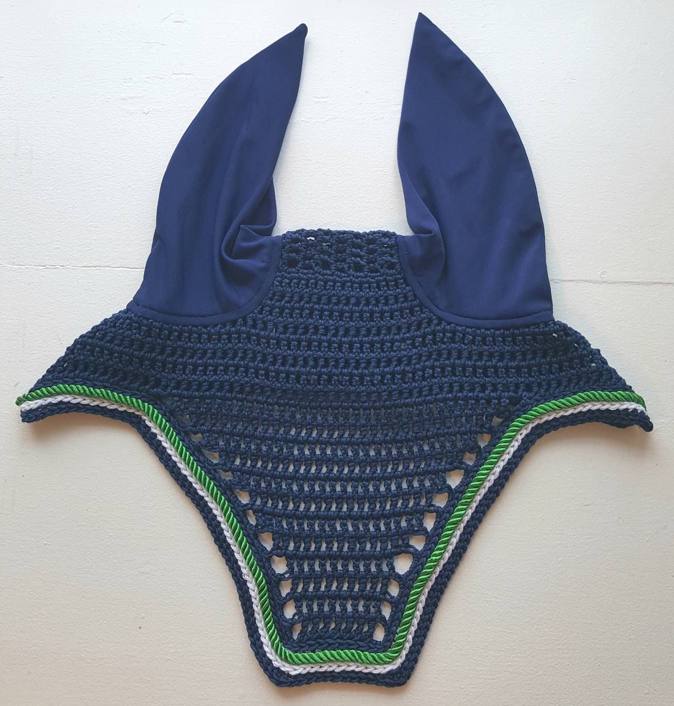 Navy Blue Horse Fly Bonnet with Kelly Green and White Trim