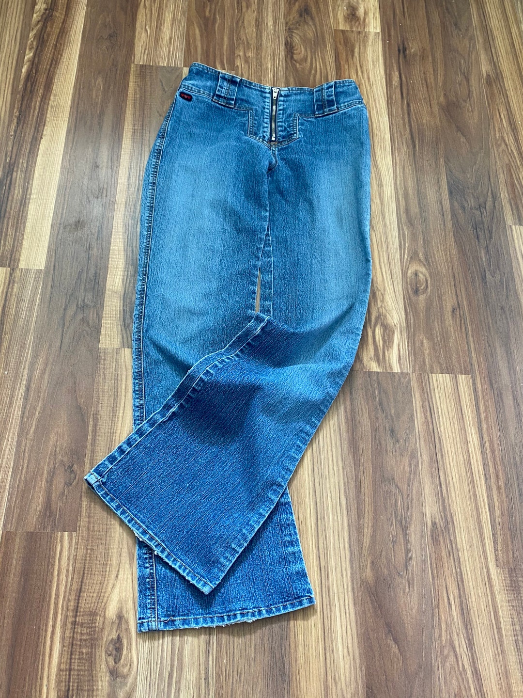 Flair Hip Hugger Blue Jeans Bell Bottoms Grungy Faded Denim Mid Rise ...