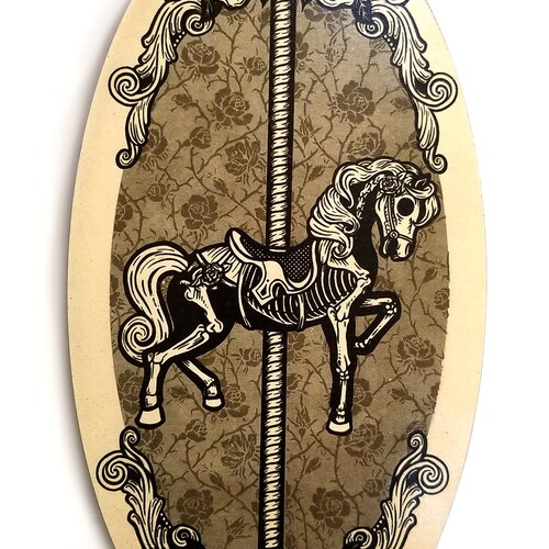 Haunted Carousel Horse Skeleton on Wooden Oval Plaque - Etsy