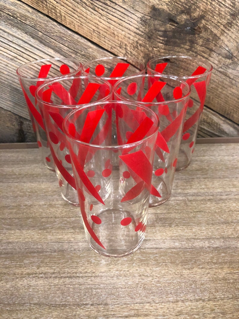 Set/6 Red Stripe & Dot Pattern Glass Tumblers / Red Cocktail Glasses ...