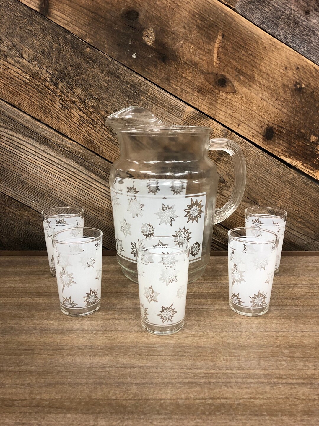 6pc Snowflake Pitcher & Glasses Set / Vintage Snowflake Juice Serving ...