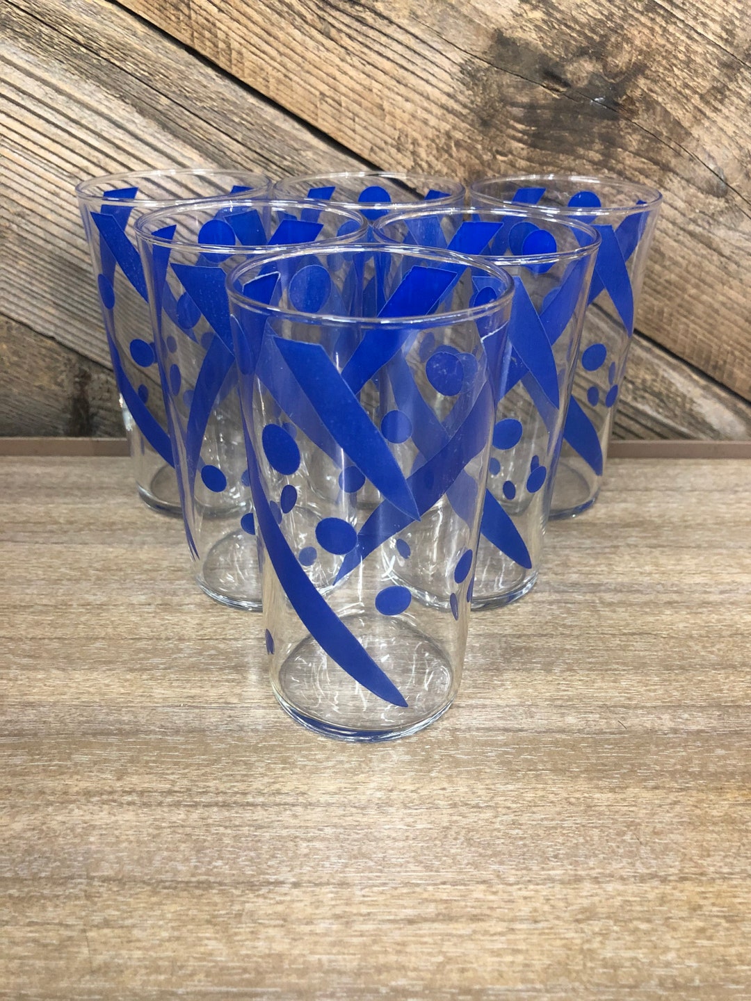 Set/6 Blue Stripe & Dot Pattern Glass Tumblers / Blue Cocktail Glasses ...