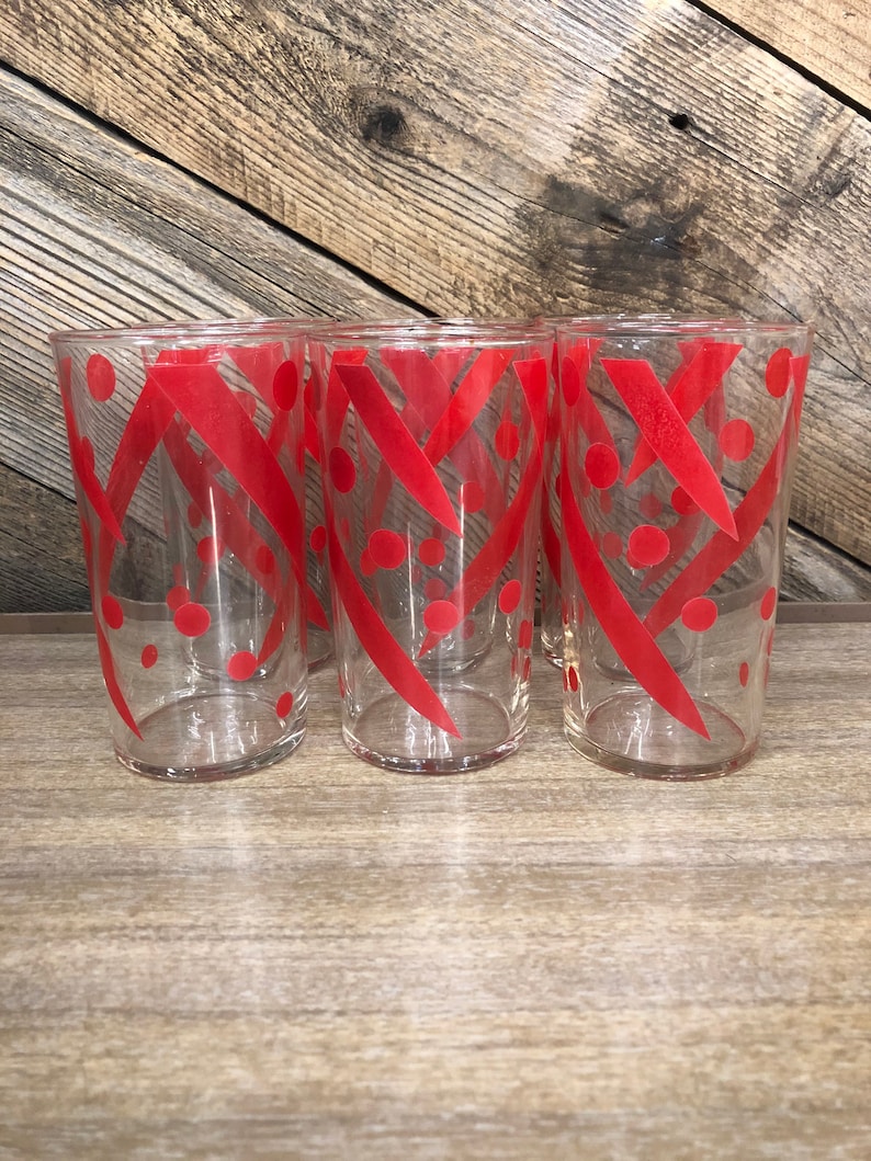 Set/6 Red Stripe & Dot Pattern Glass Tumblers / Red Cocktail - Etsy
