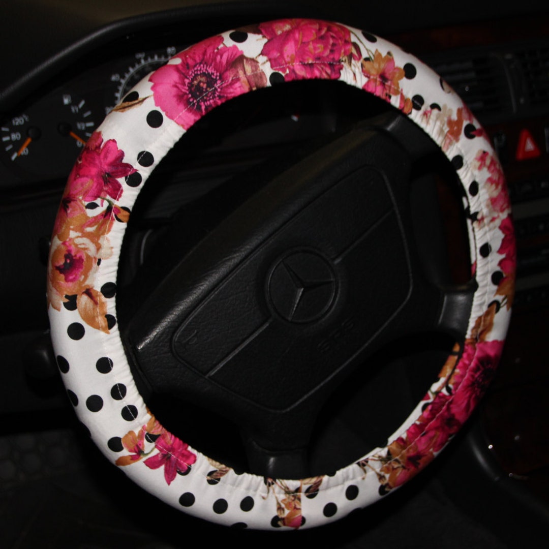 White Steering Wheel Cover With Black Polka Dots and Fuchsia Flowers ...