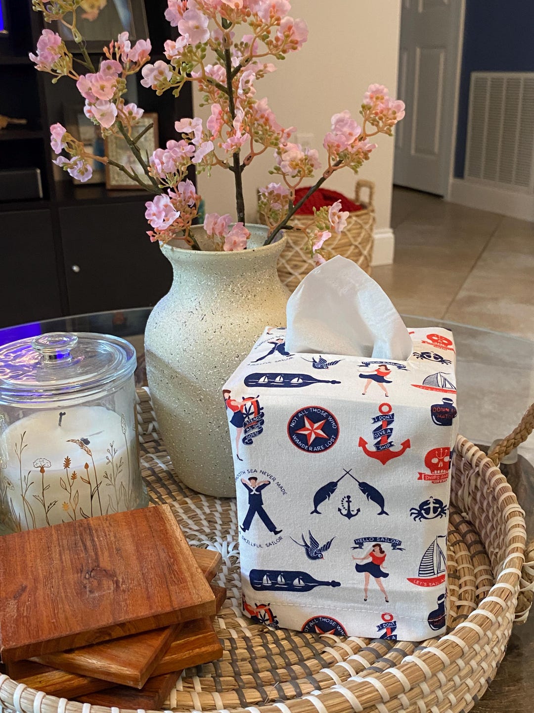 Nautical Theme Tissue Box Cover. Square Tissue Box Cover. Cotton Tissue ...