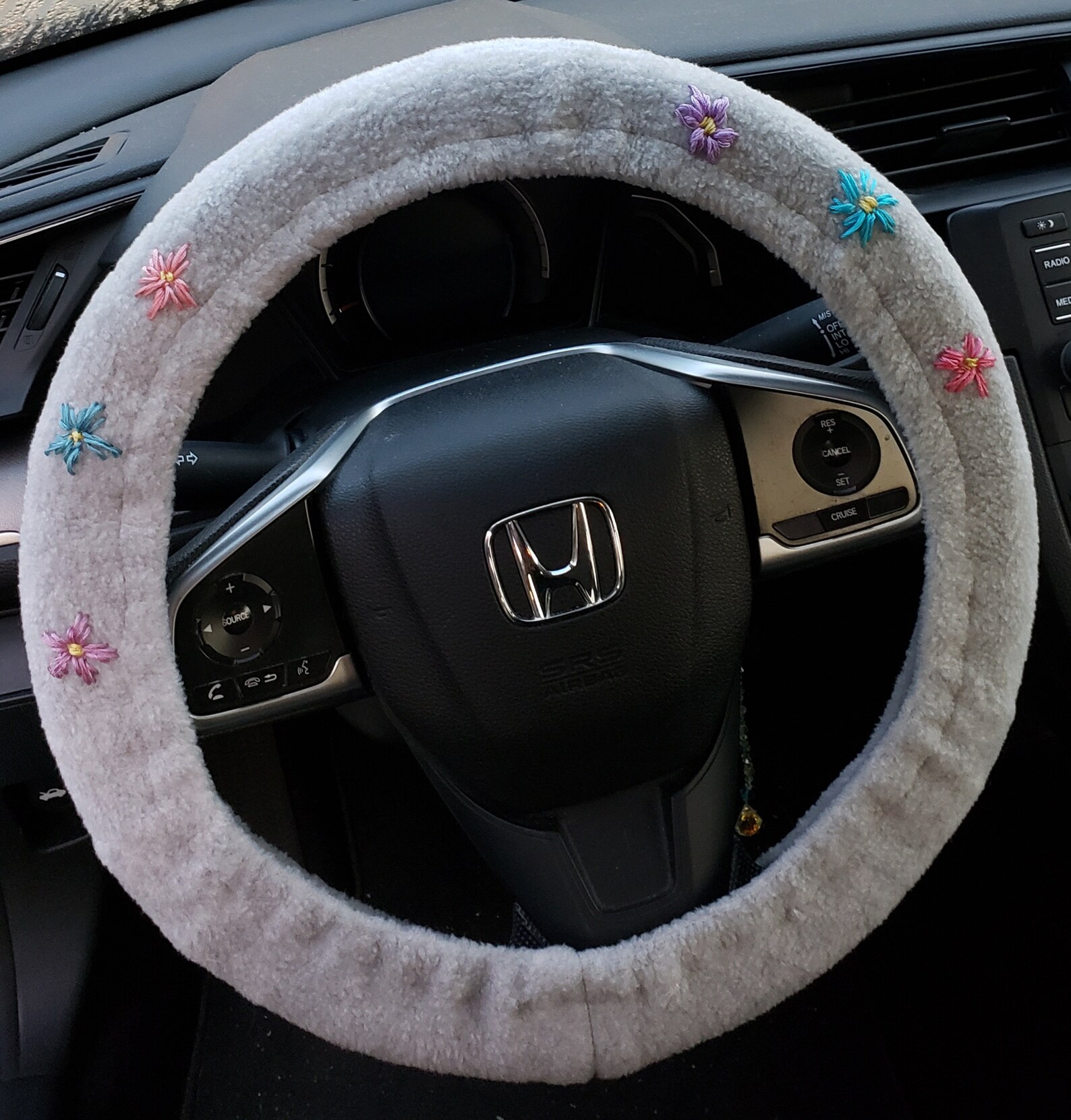 Fuzzy Fabric With Hand Embroidered Flowers Steering Wheel Cover - Women ...