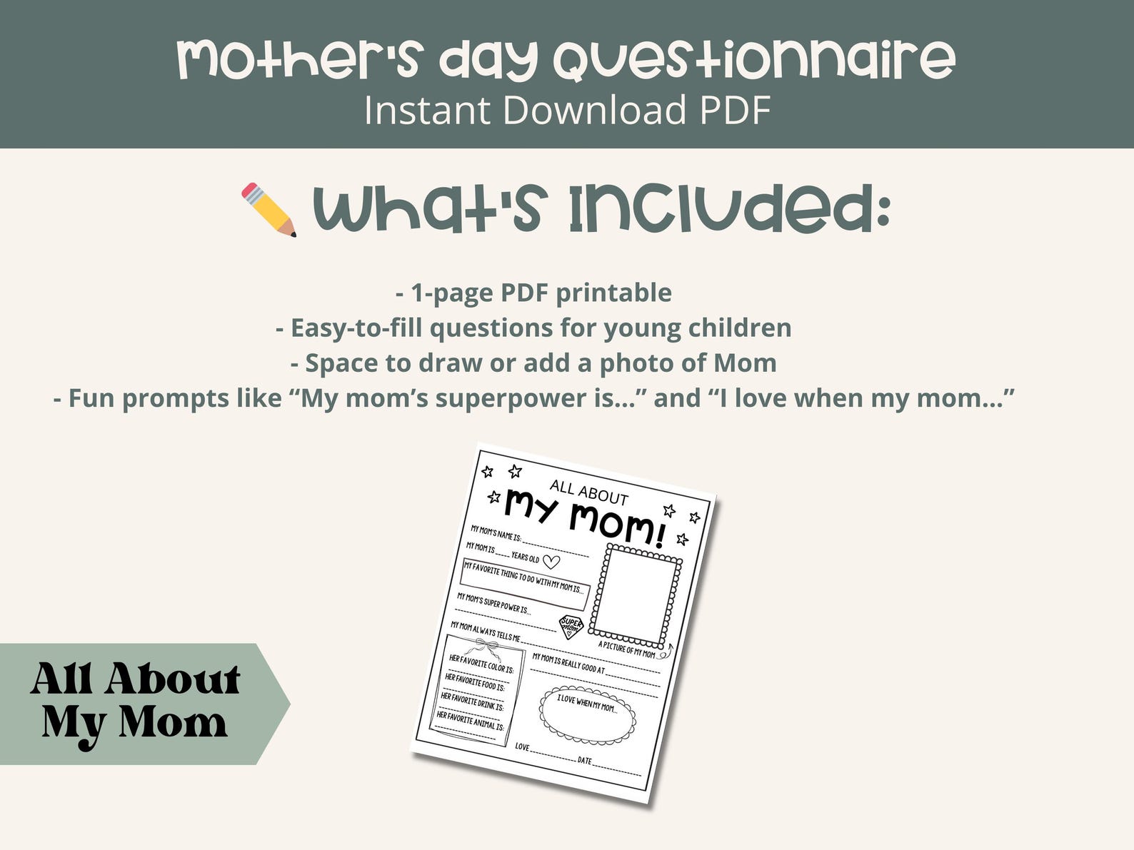 Mother’s Day Printable Questionnaire, Keepsake, All About My Mom ...