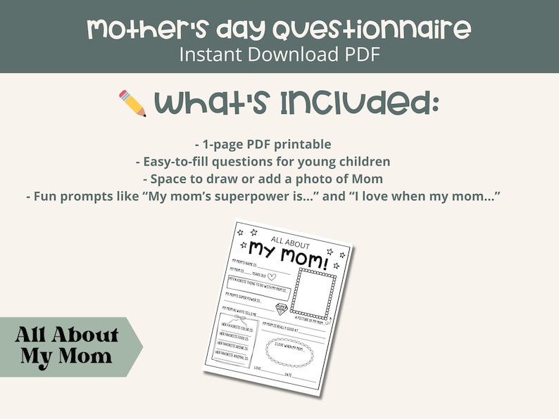 Mother’s Day Printable Questionnaire, Keepsake, All About My Mom ...