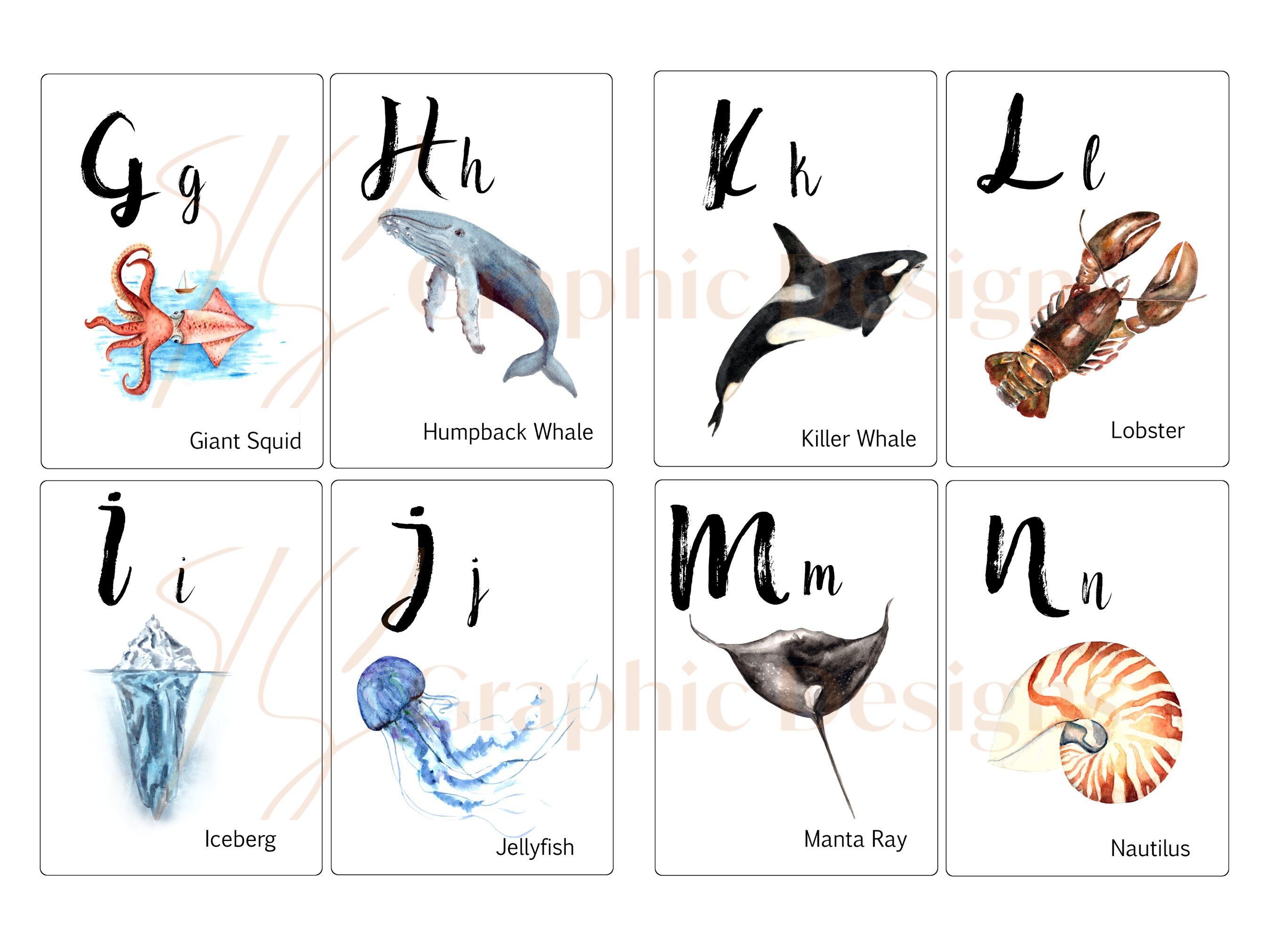 ABC Ocean Water Color Animals / Flashcards / Banner / Montessori ...